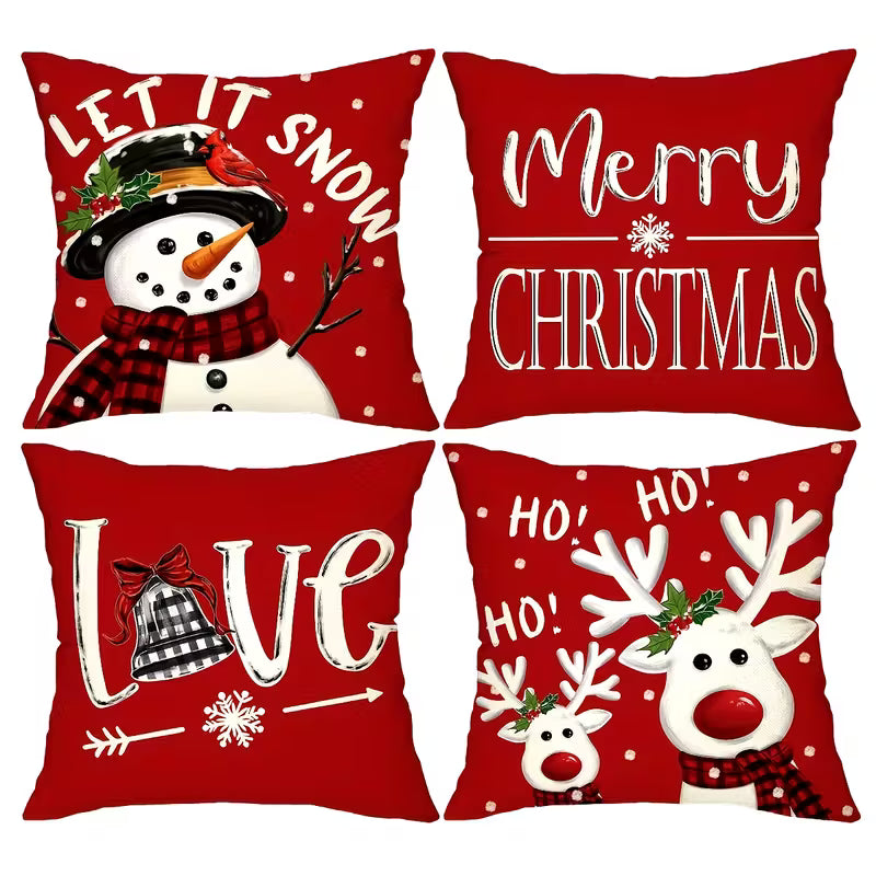 4pcs Red Christmas Throw Pillow Covers with Snowman & Reindeer Designs ...