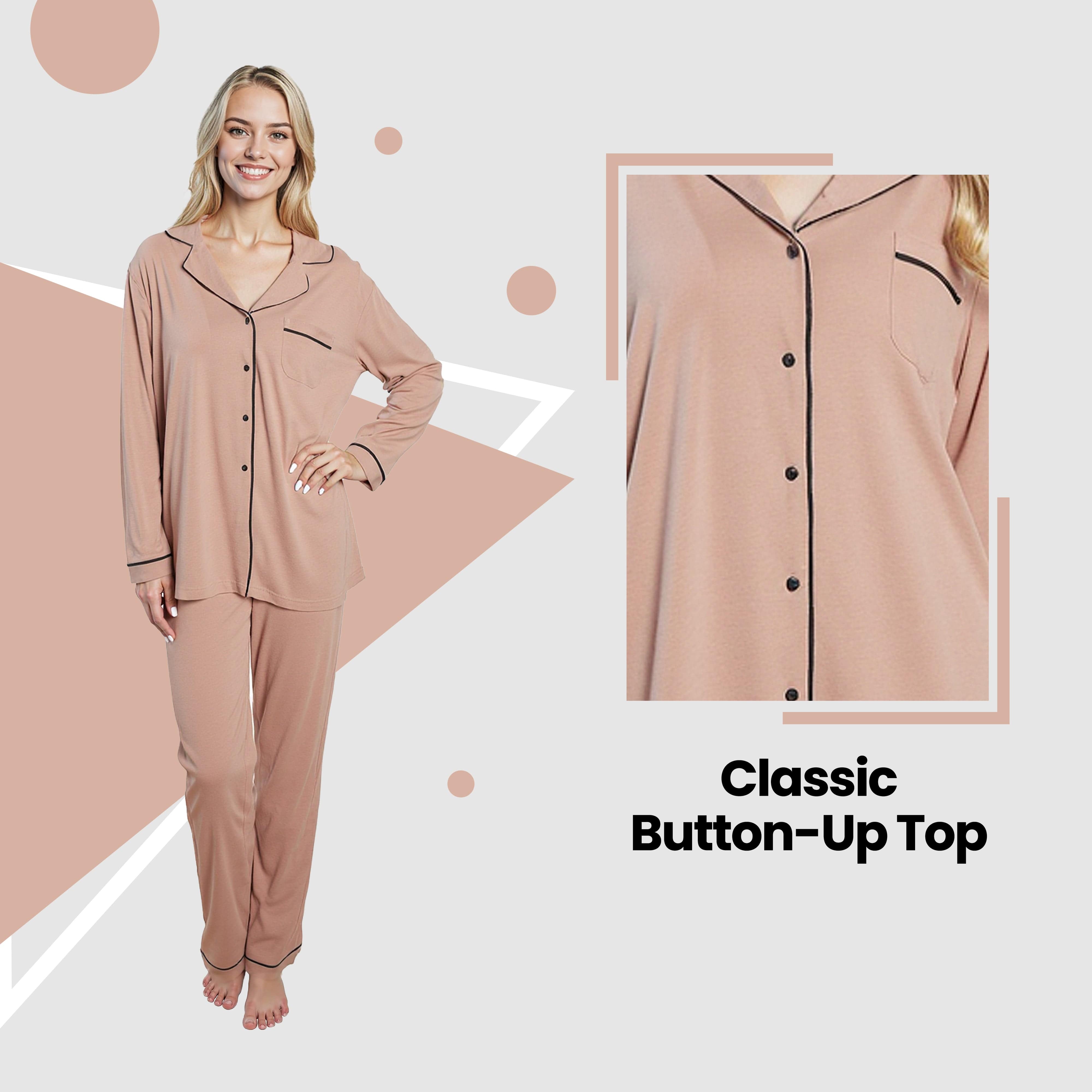 Women's Natural Pyjama Set Soft Touch Long Sleeve Button-Up Top & Bott ...